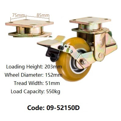 150mm (6") Round Tread Yellow PU on Aluminium Wheel Spring load Castor