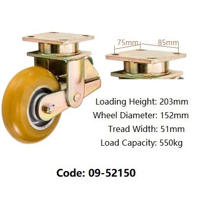 150mm (6") Round Tread Yellow PU on Aluminium Wheel Spring load Castor