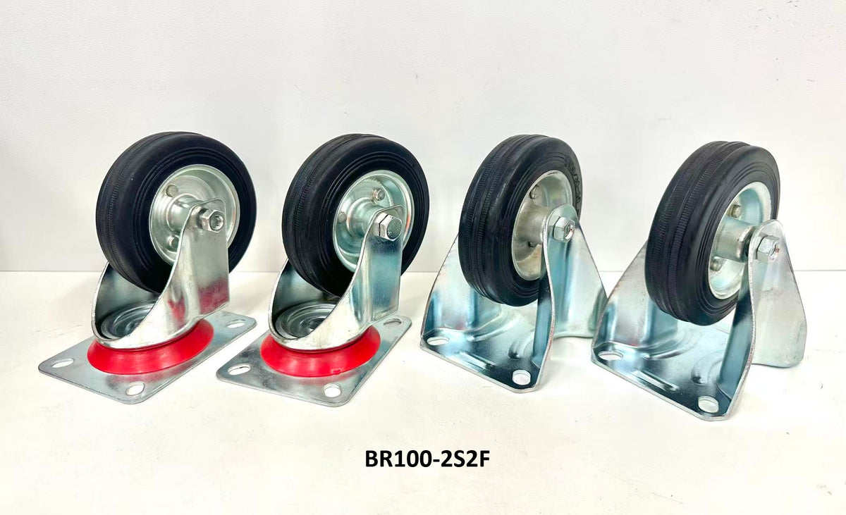 SET of 4: Ø100mm (4") Black Rubber Industrial Castors | 350KG TOTAL